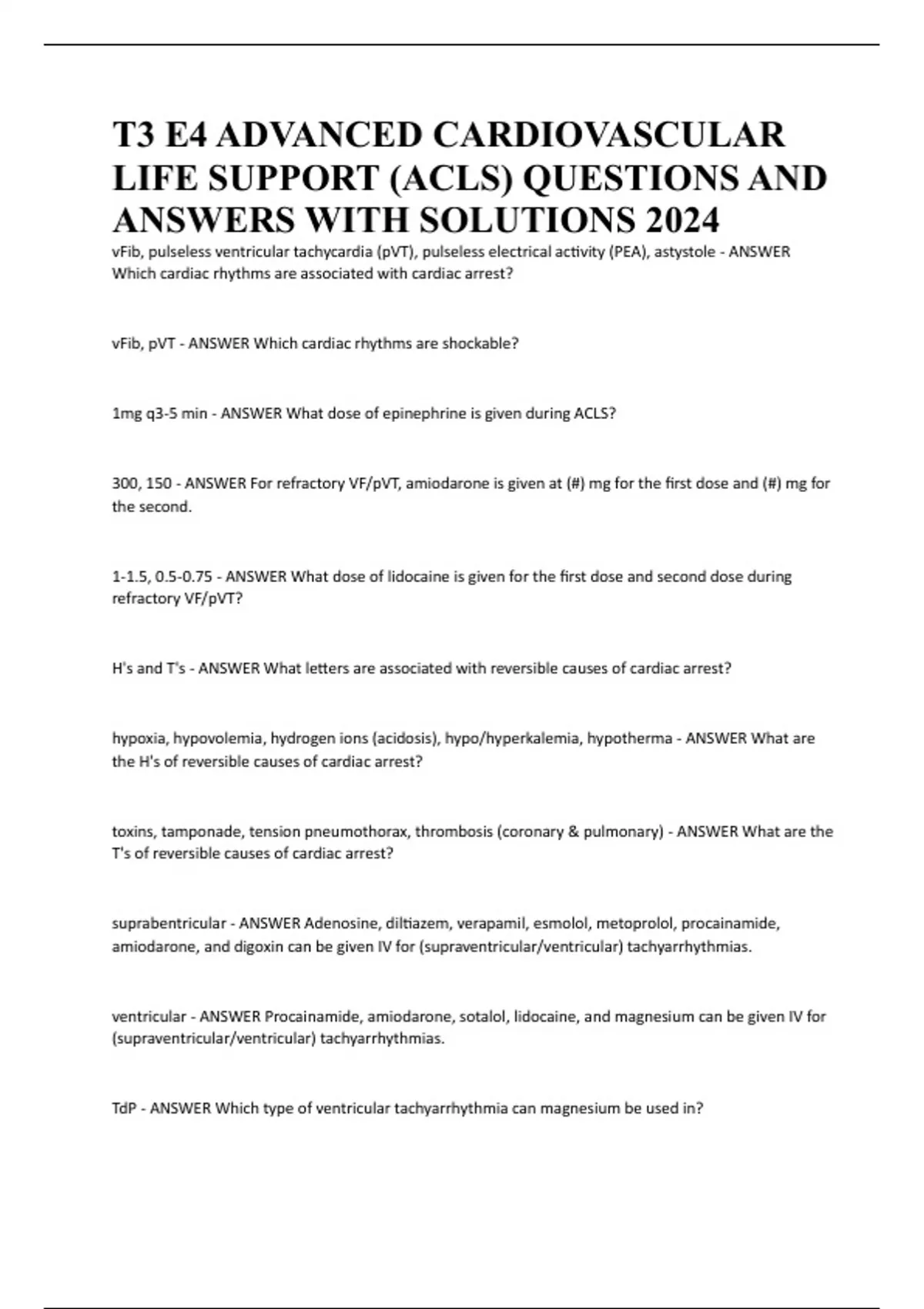 T3 E4 ADVANCED CARDIOVASCULAR LIFE SUPPORT (ACLS) QUESTIONS AND ANSWERS ...