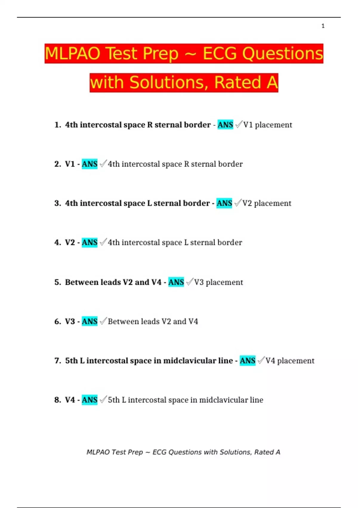 MLPAO Test Prep ~ ECG Questions with Solutions, Rated A - MLPAO - Stuvia US