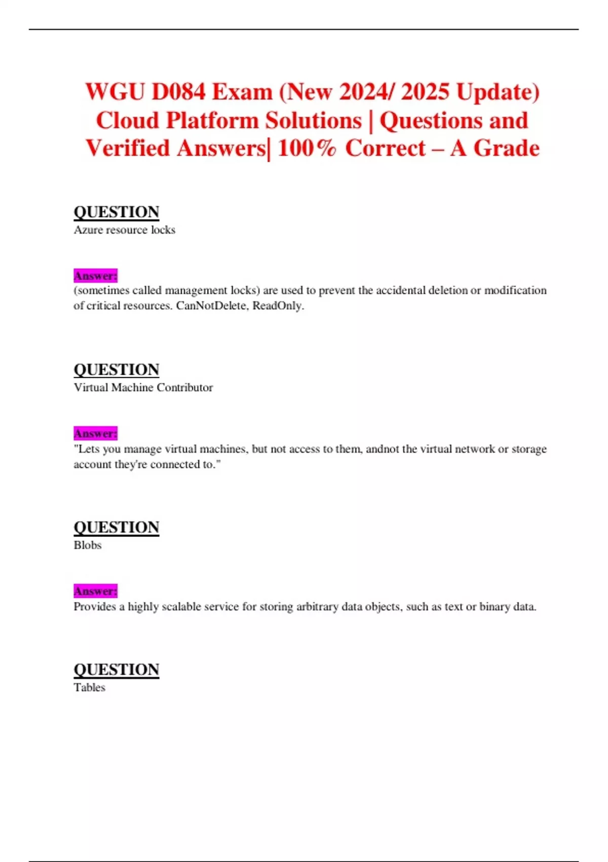 WGU D084 Exam (New 2024/ 2025 Update) Cloud Platform Solutions ...