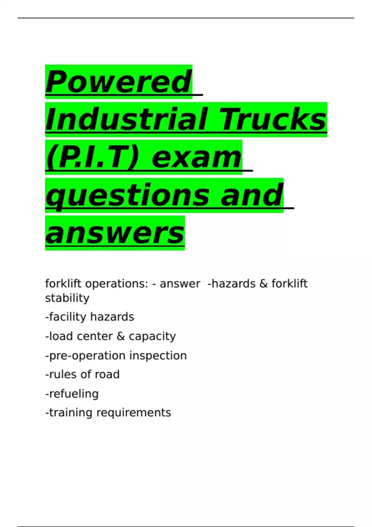 Powered Industrial Trucks (P.I.T) exam questions and answers - Forklift ...
