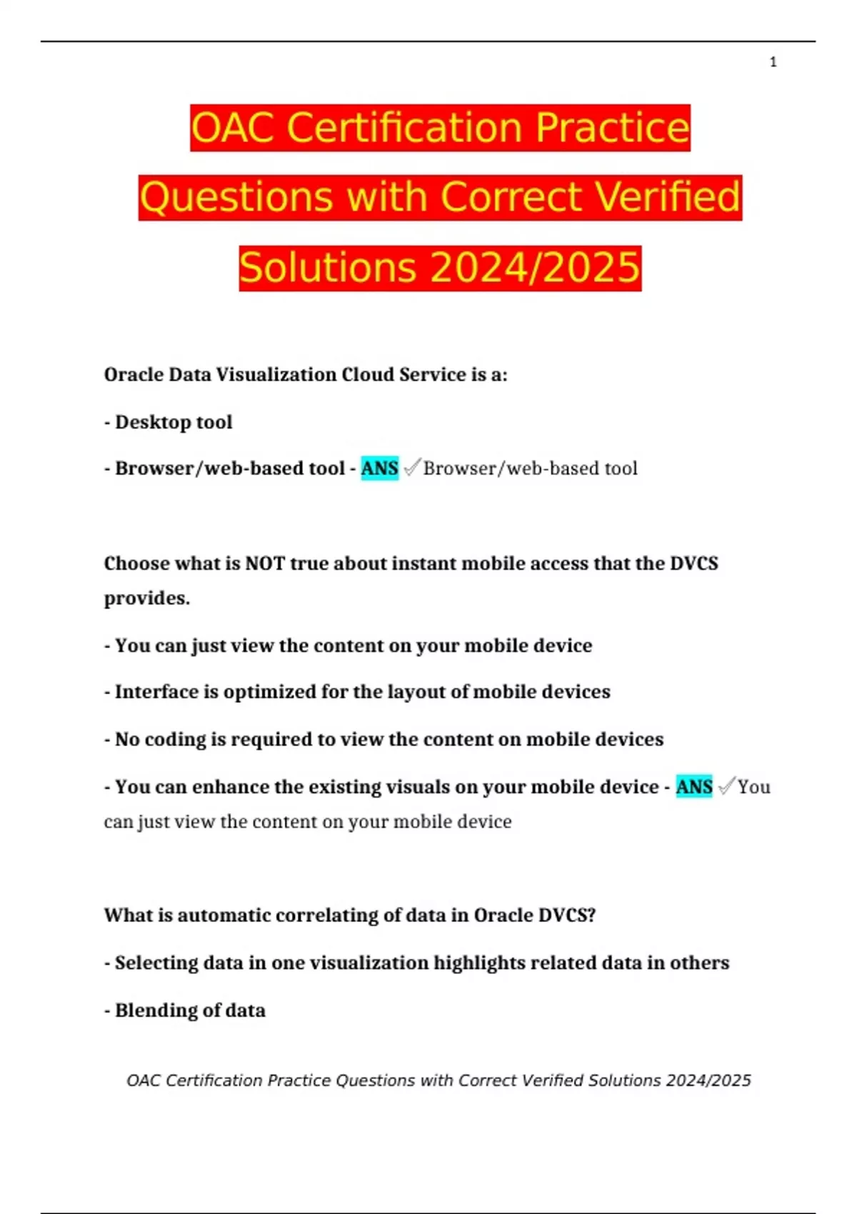 OAC Certification Practice Questions with Correct Verified Solutions ...
