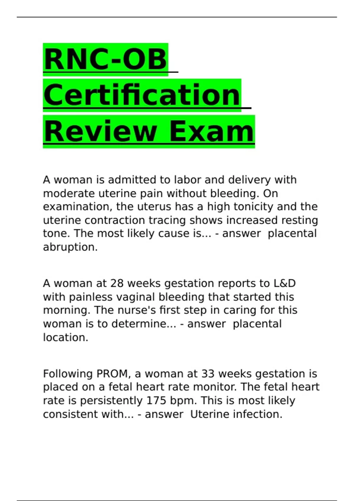 RNC-OB Certification Review Exam 2024. - RNC-OB Certification - Stuvia US