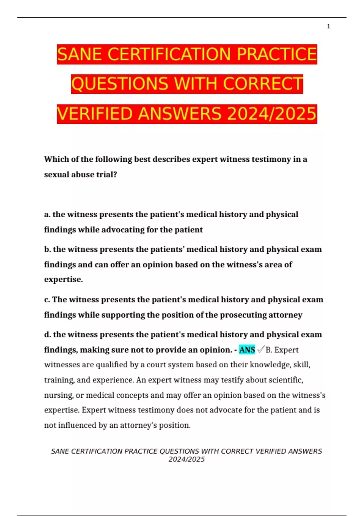 SANE CERTIFICATION PRACTICE QUESTIONS WITH CORRECT VERIFIED ANSWERS ...