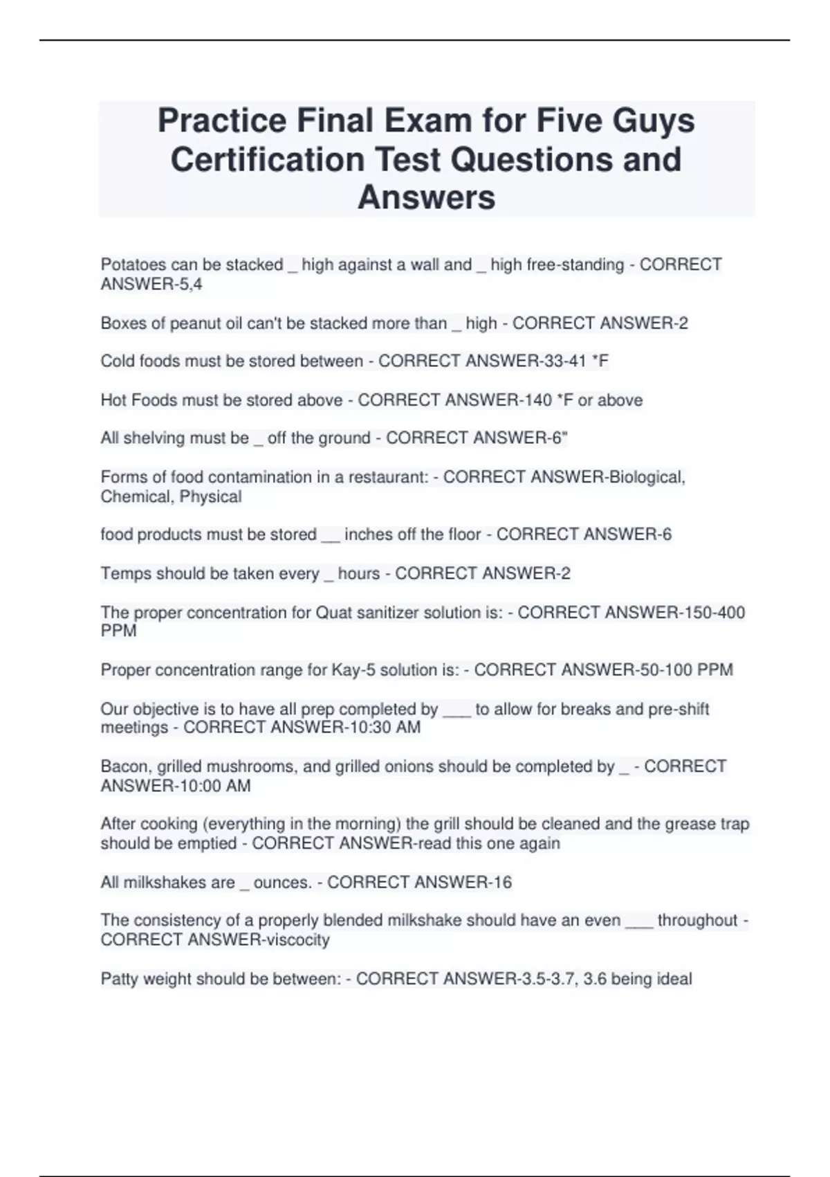 Practice Final Exam for Five Guys Certification Test Questions and ...