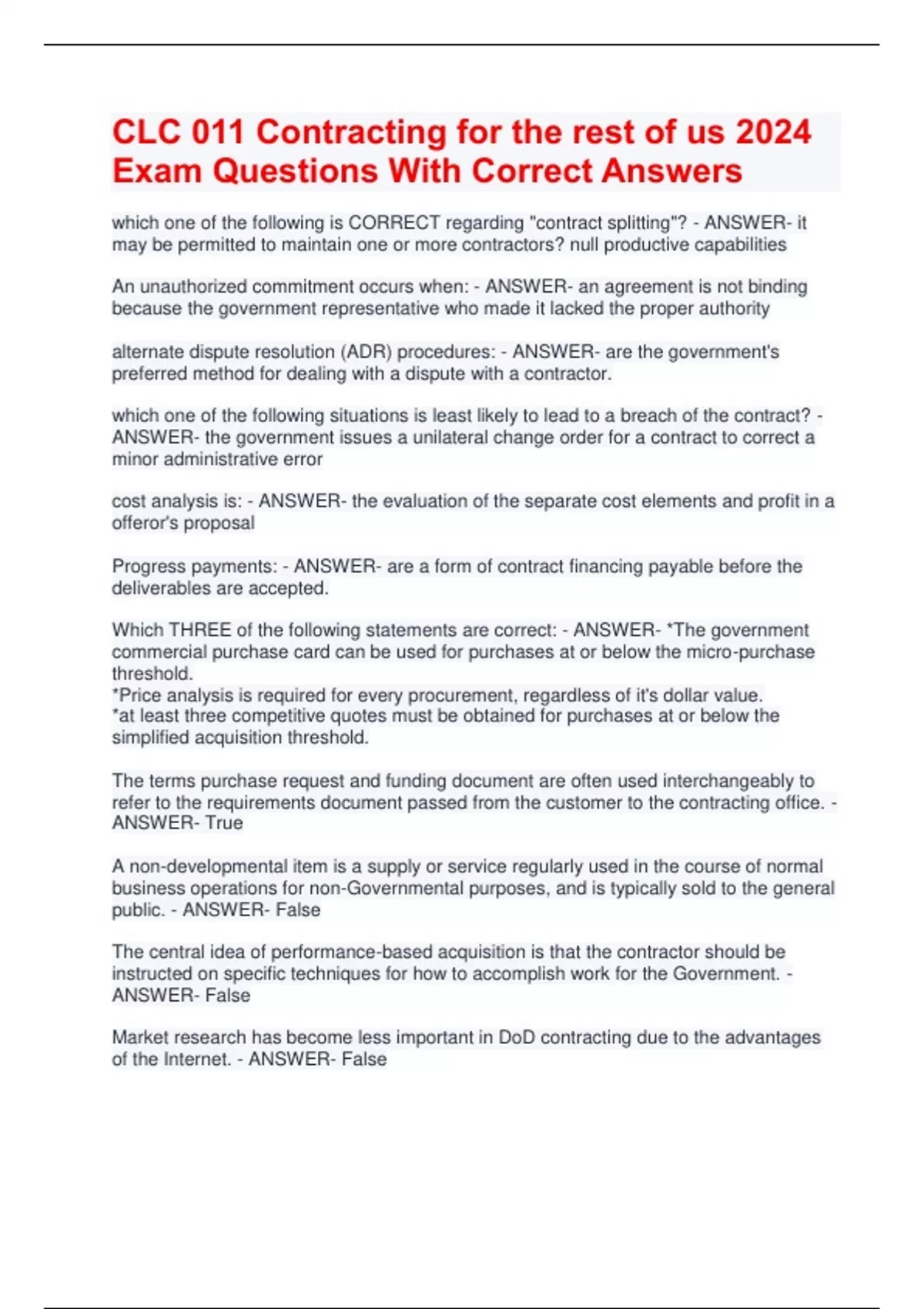 CLC 011 Contracting for the rest of us 2024 Exam Questions With Correct ...