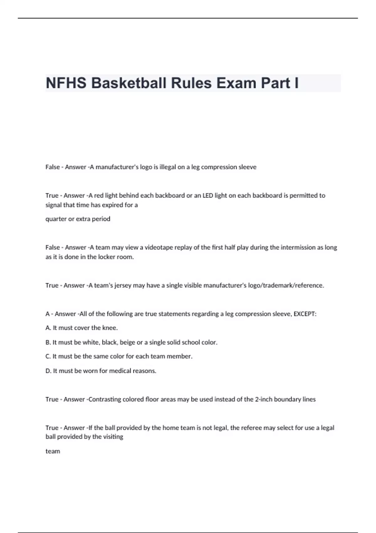 NFHS Basketball Rules Exam Part I Questions and Answers - Nfhs - Stuvia US