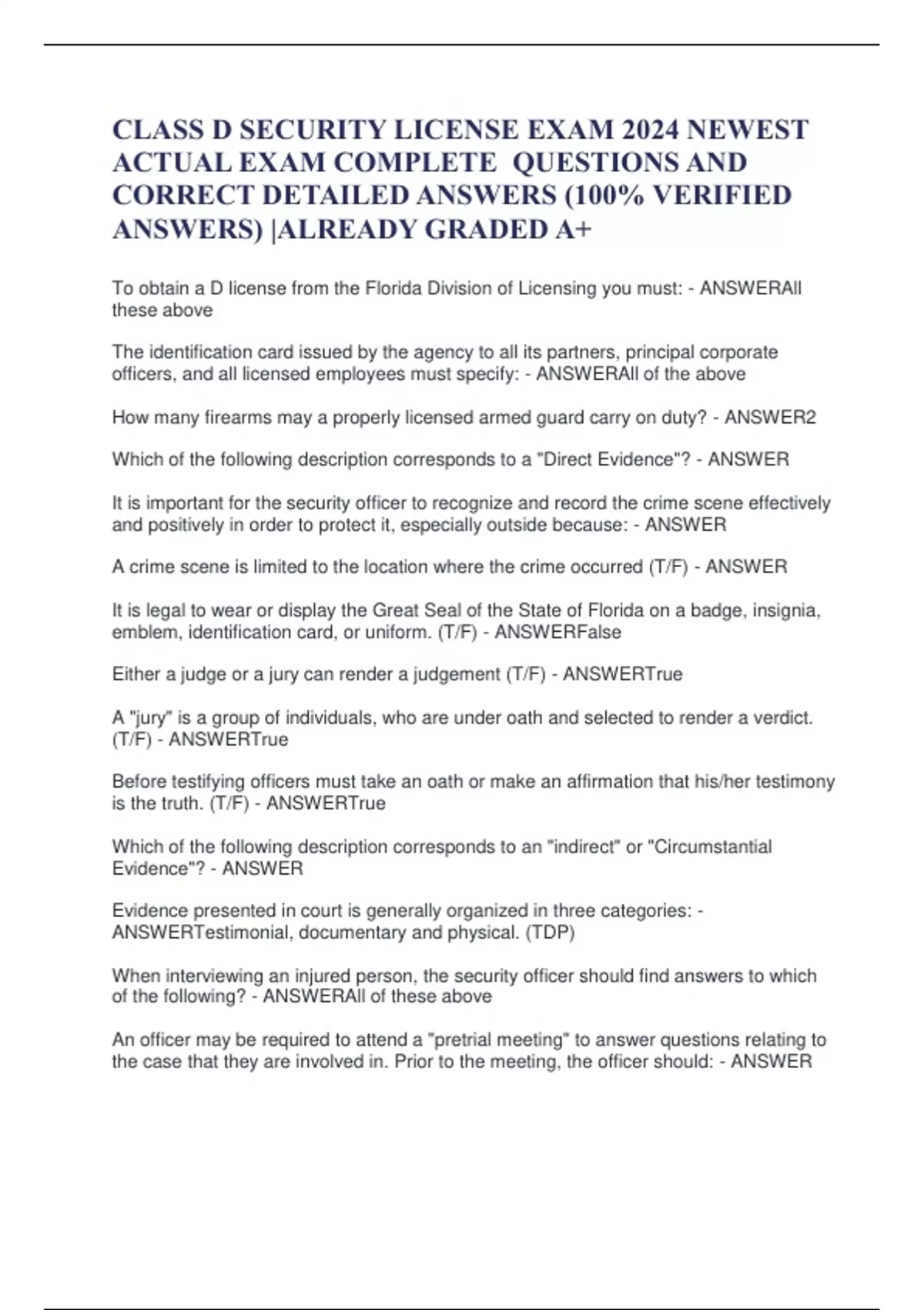 CLASS D SECURITY LICENSE EXAM 2024 NEWEST ACTUAL EXAM COMPLETE ...