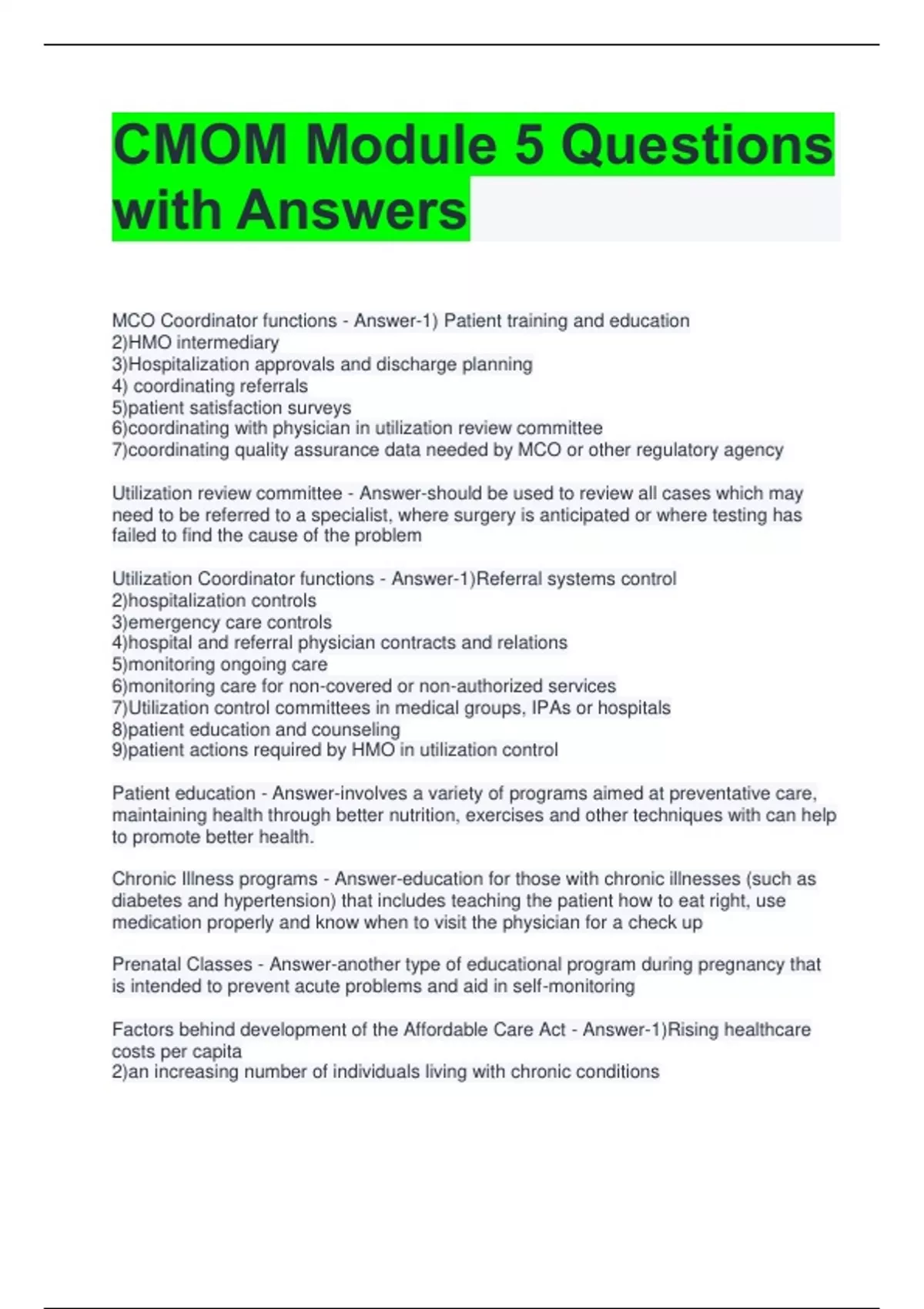 CMOM Module 5 Questions with Answers - CMOM - Stuvia US