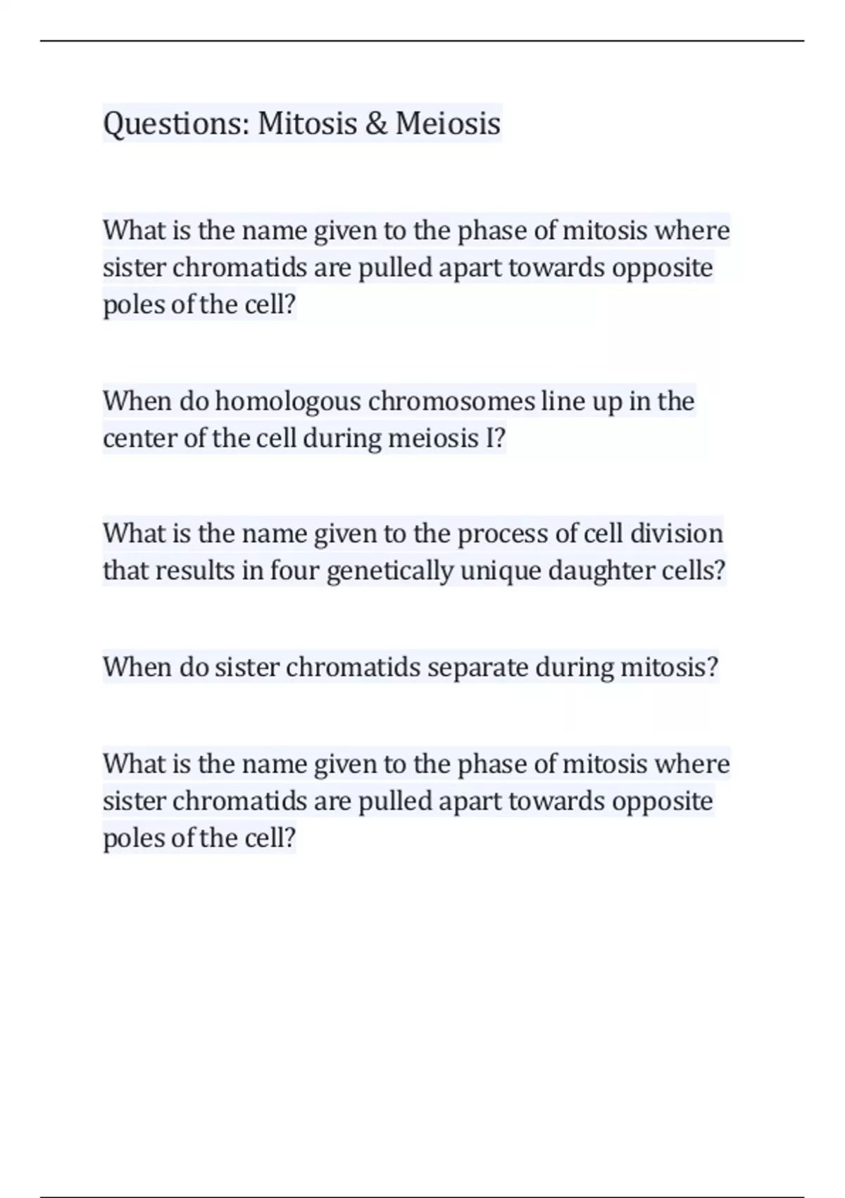Questions on Mitosis & Meiosis - Science - Stuvia UK