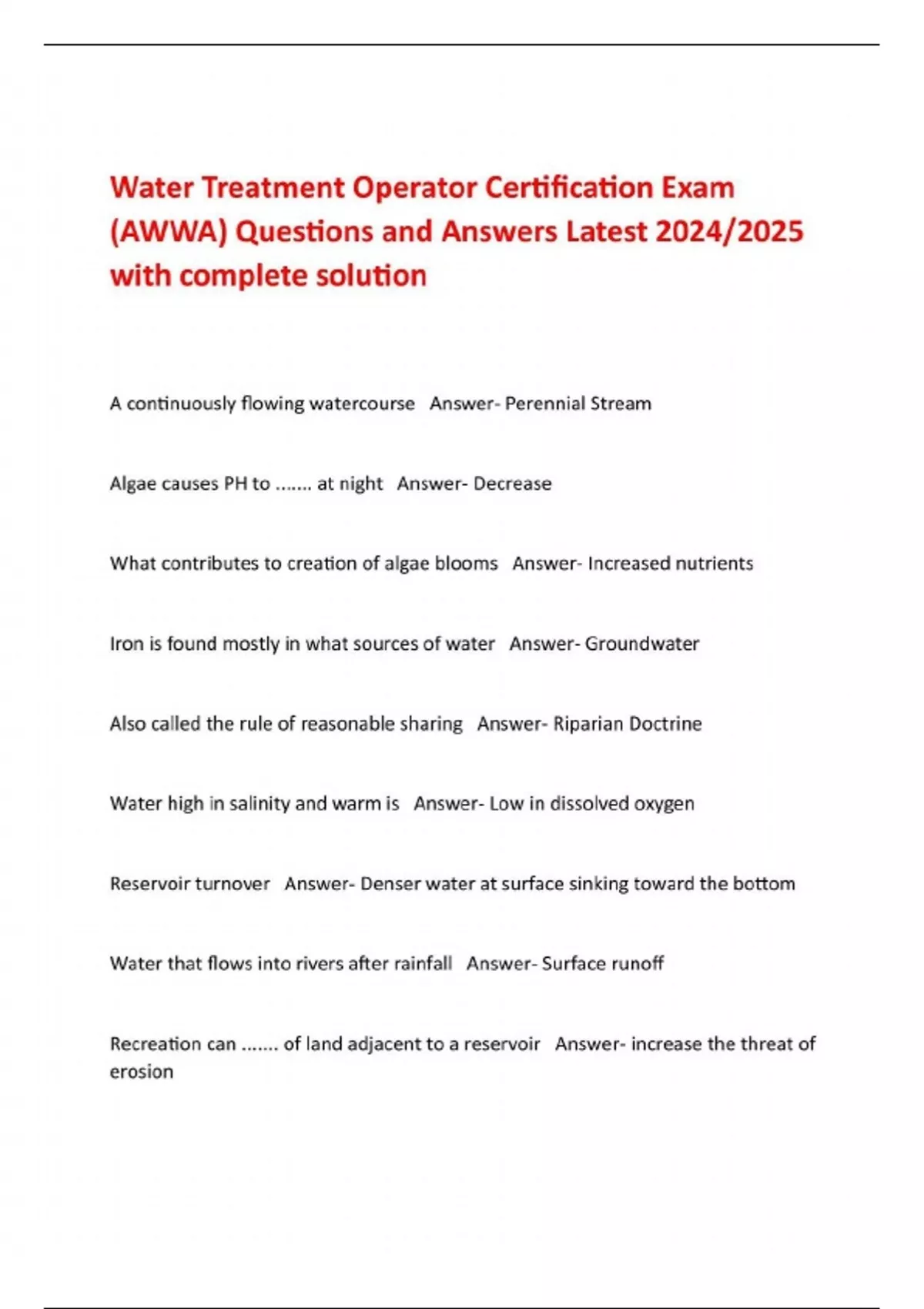 Water Treatment Operator Certification Exam (AWWA) Questions and ...