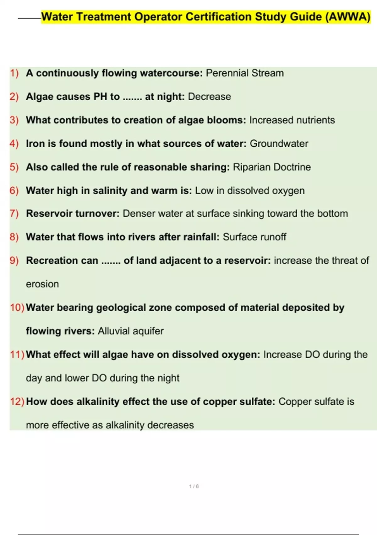 Water Treatment Operator Certification Exam (AWWA) Questions and ...