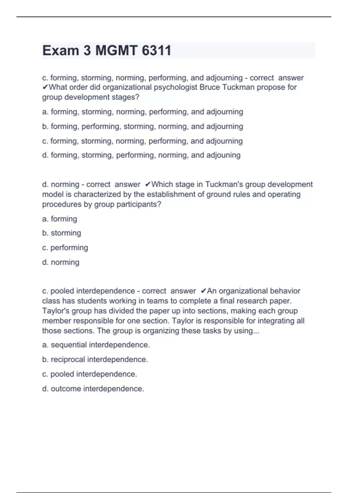 Exam 3 MGMT 6311 Question and answer already passed - MGT 6311 - Stuvia US