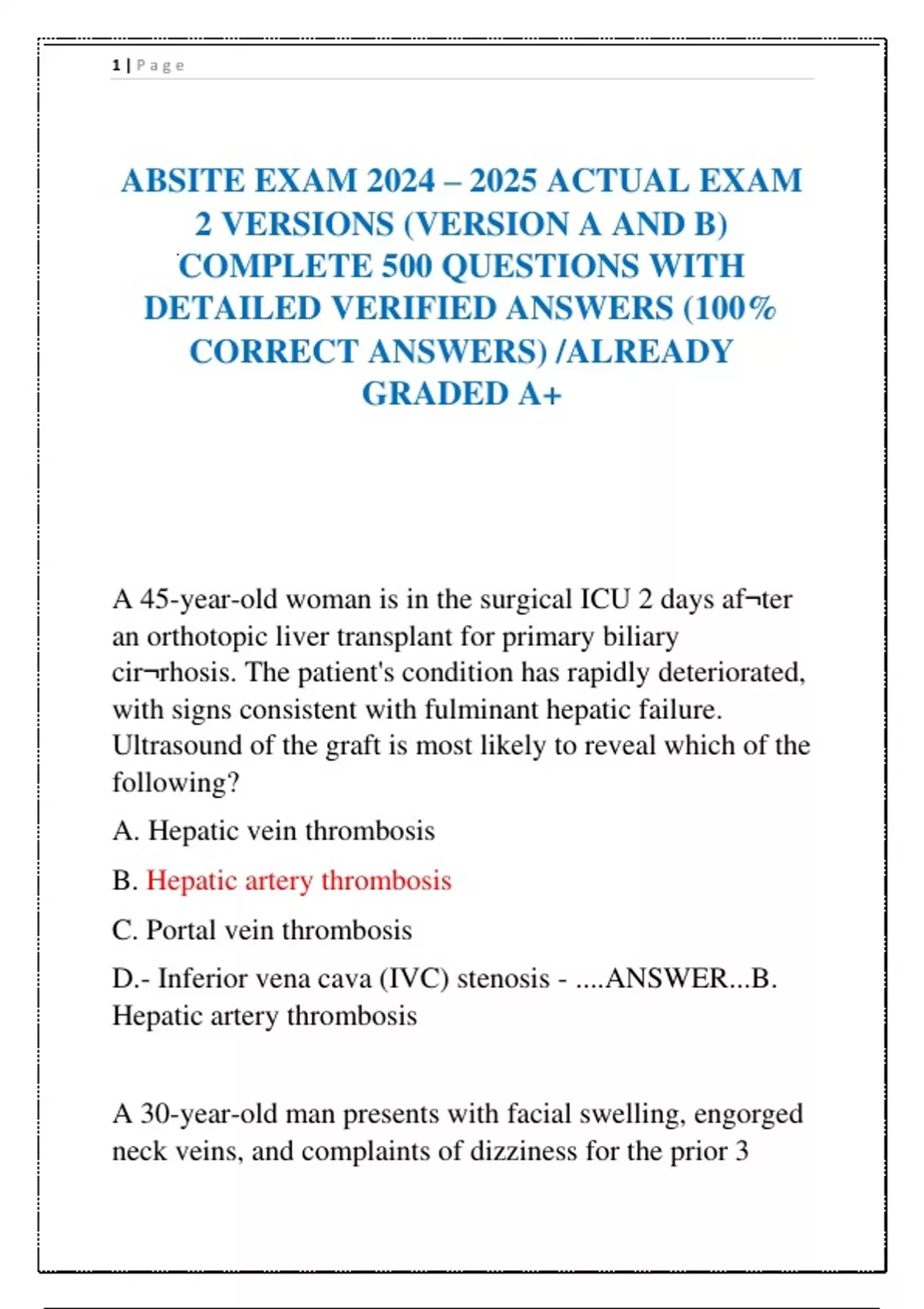 ABSITE EXAM 2024 – 2025 ACTUAL EXAM 2 VERSIONS (VERSION A AND B ...