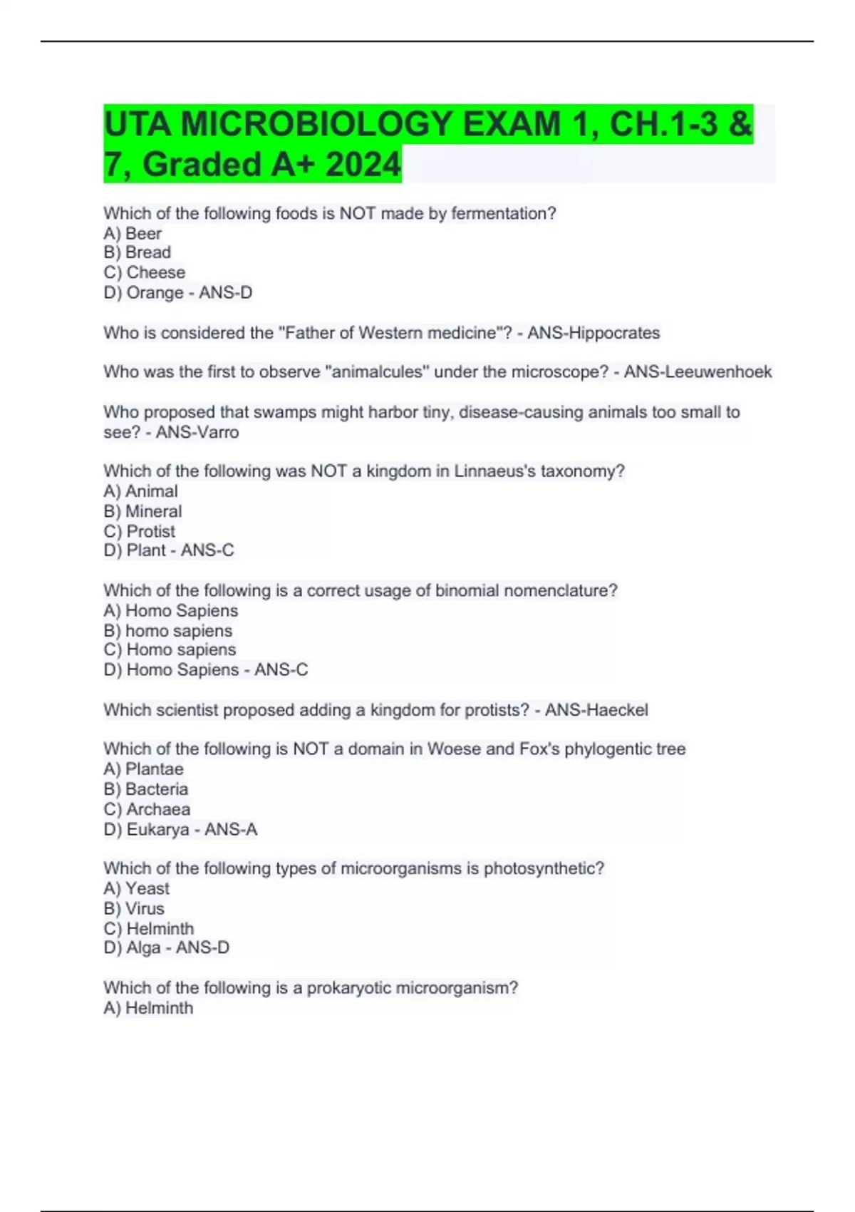 UTA MICROBIOLOGY EXAM 1, CH.1-3 & 7, Graded A+ 2024 - UTA MICROBIOLOGY ...