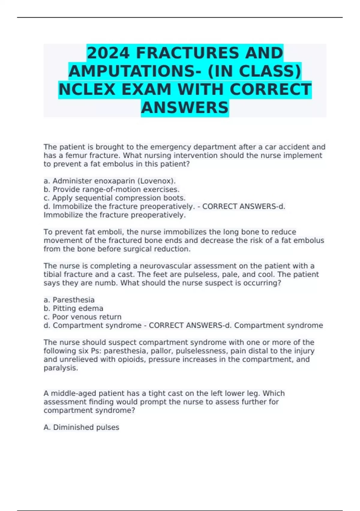 2024 FRACTURES AND AMPUTATIONS- (IN CLASS) NCLEX EXAM WITH CORRECT ...