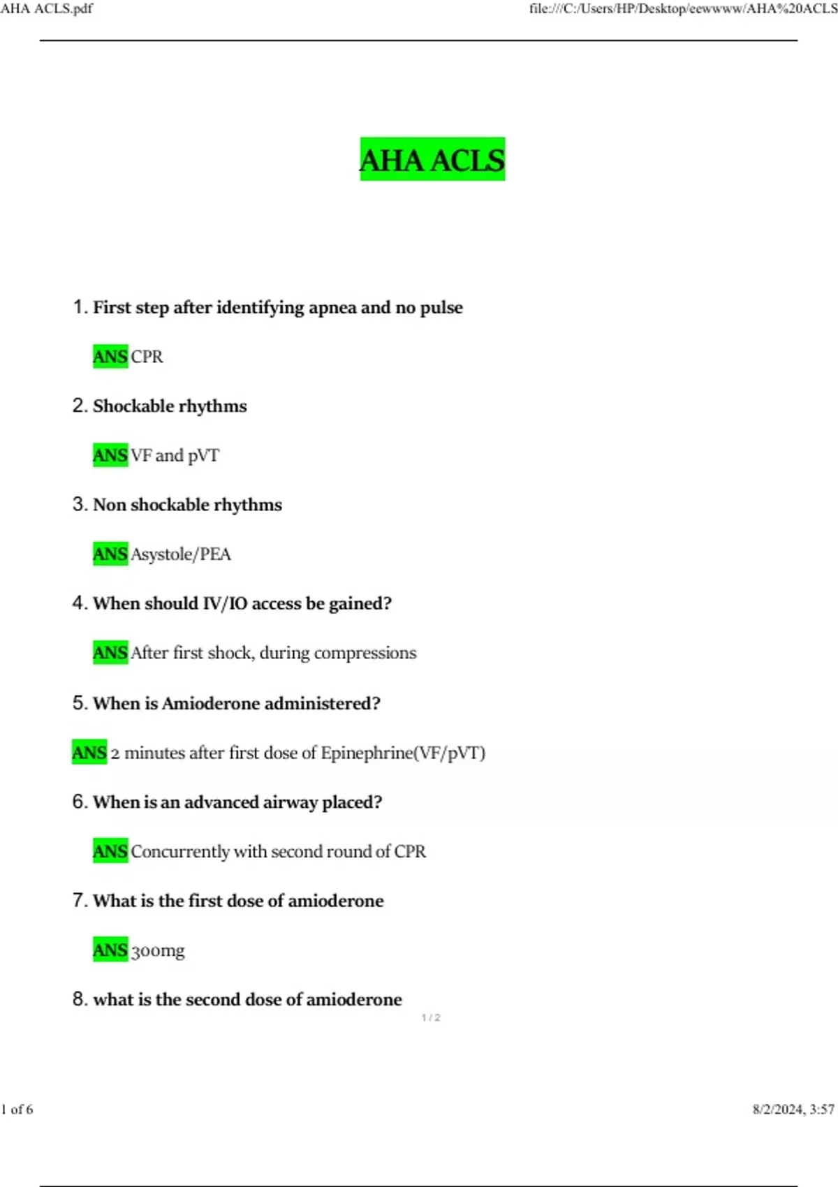 AHA ACLS EXAM 2024 Questions and Answers 2024 / 2025 (Verified Answers ...