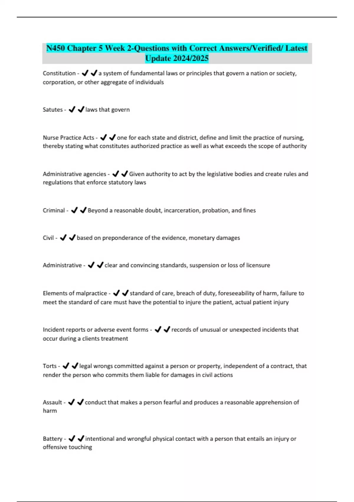 N450 Chapter 5 Week 2-Questions with Correct Answers/Verified/ Latest ...