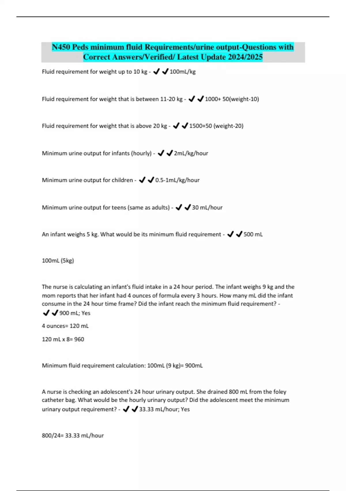N450 Peds minimum fluid Requirements/urine output-Questions with ...