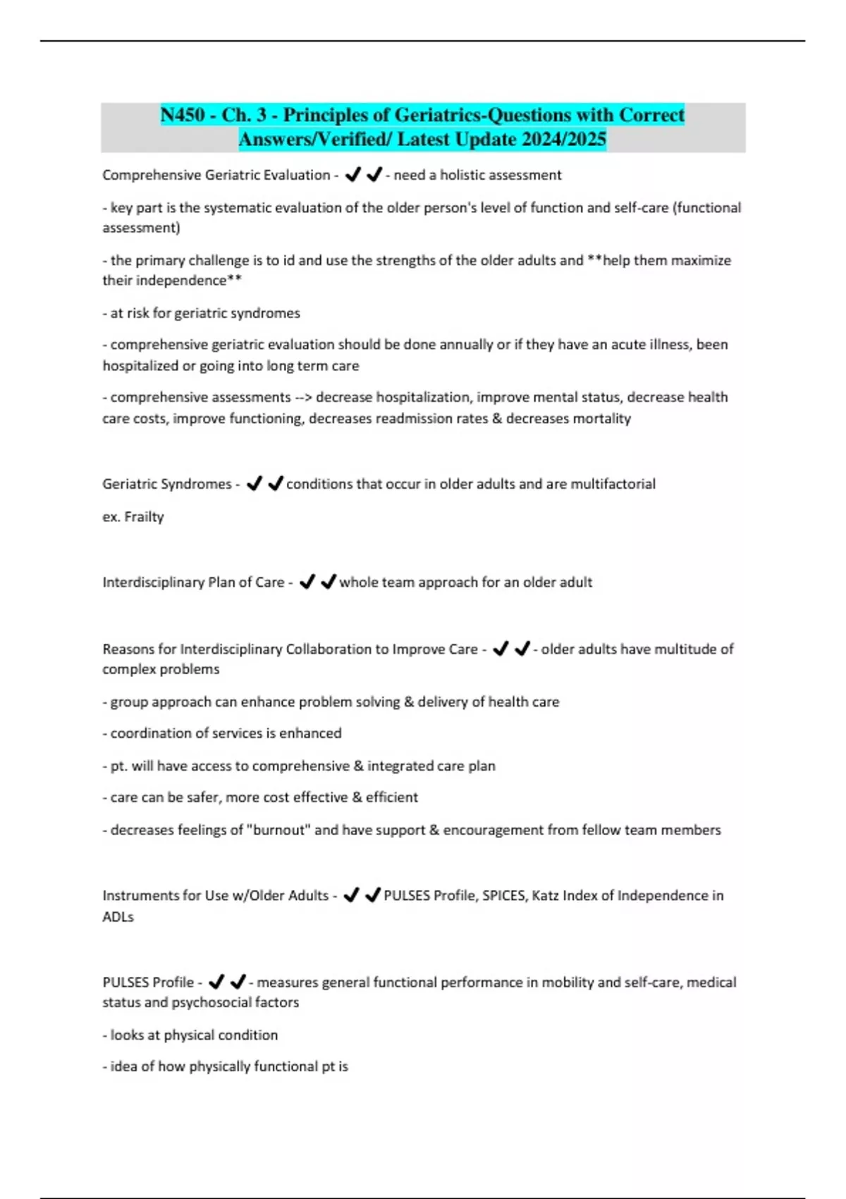 N450 - Ch. 3 - Principles of Geriatrics-Questions with Correct Answers ...