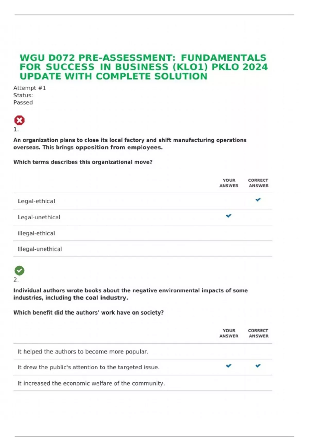 WGU D072 PRE-ASSESSMENT: FUNDAMENTALS FOR SUCCESS IN BUSINESS (KLO1 ...