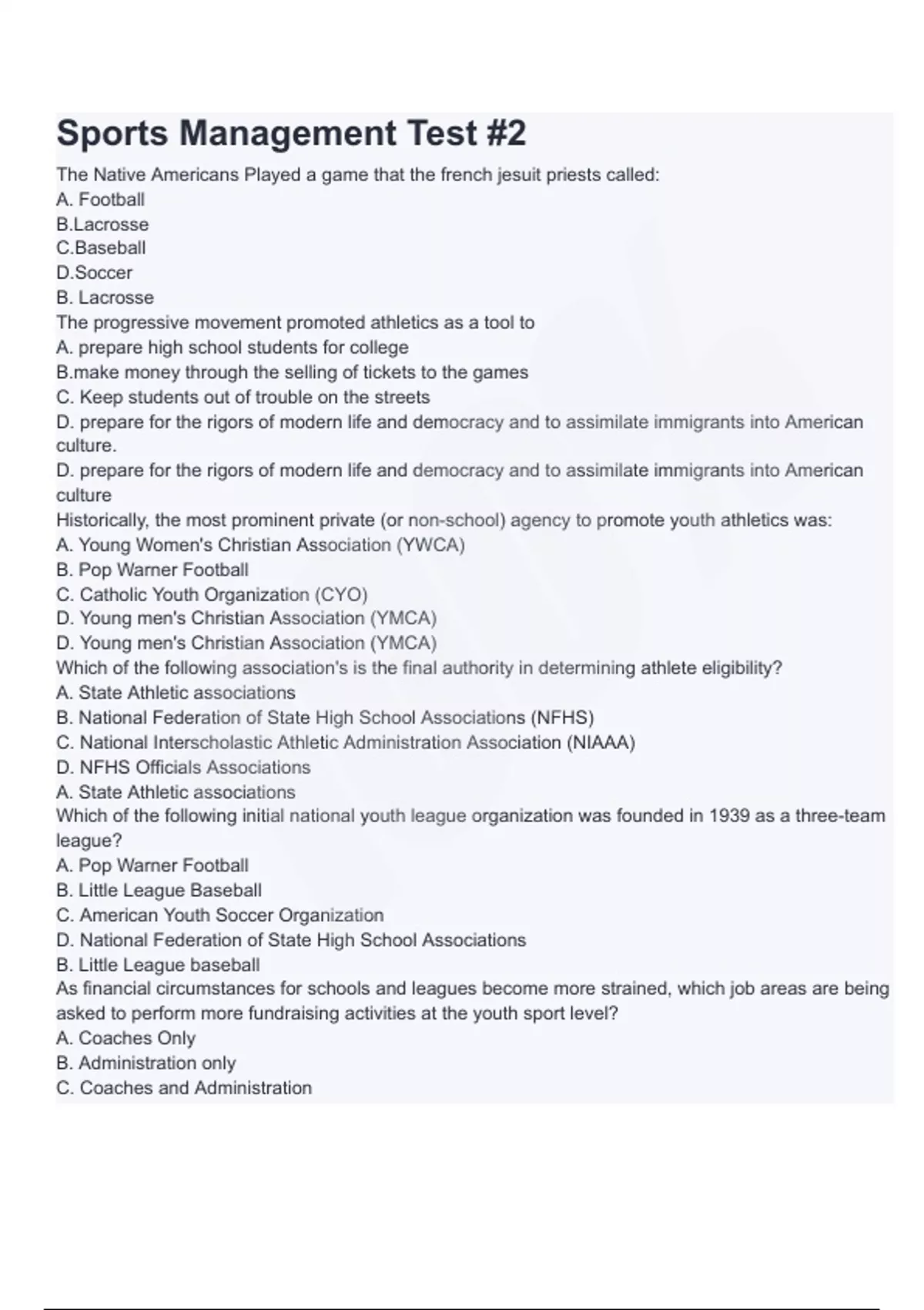 Sports Management Test -2 Questions with 100% Correct Answers ...