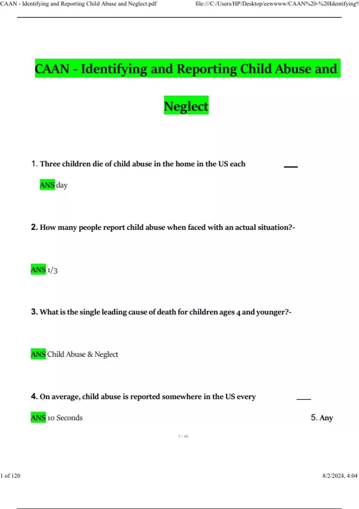 DCF-CAAN - Identifying and Reporting Child Abuse and Neglect Questions and Answers 2024 / 2025 ...