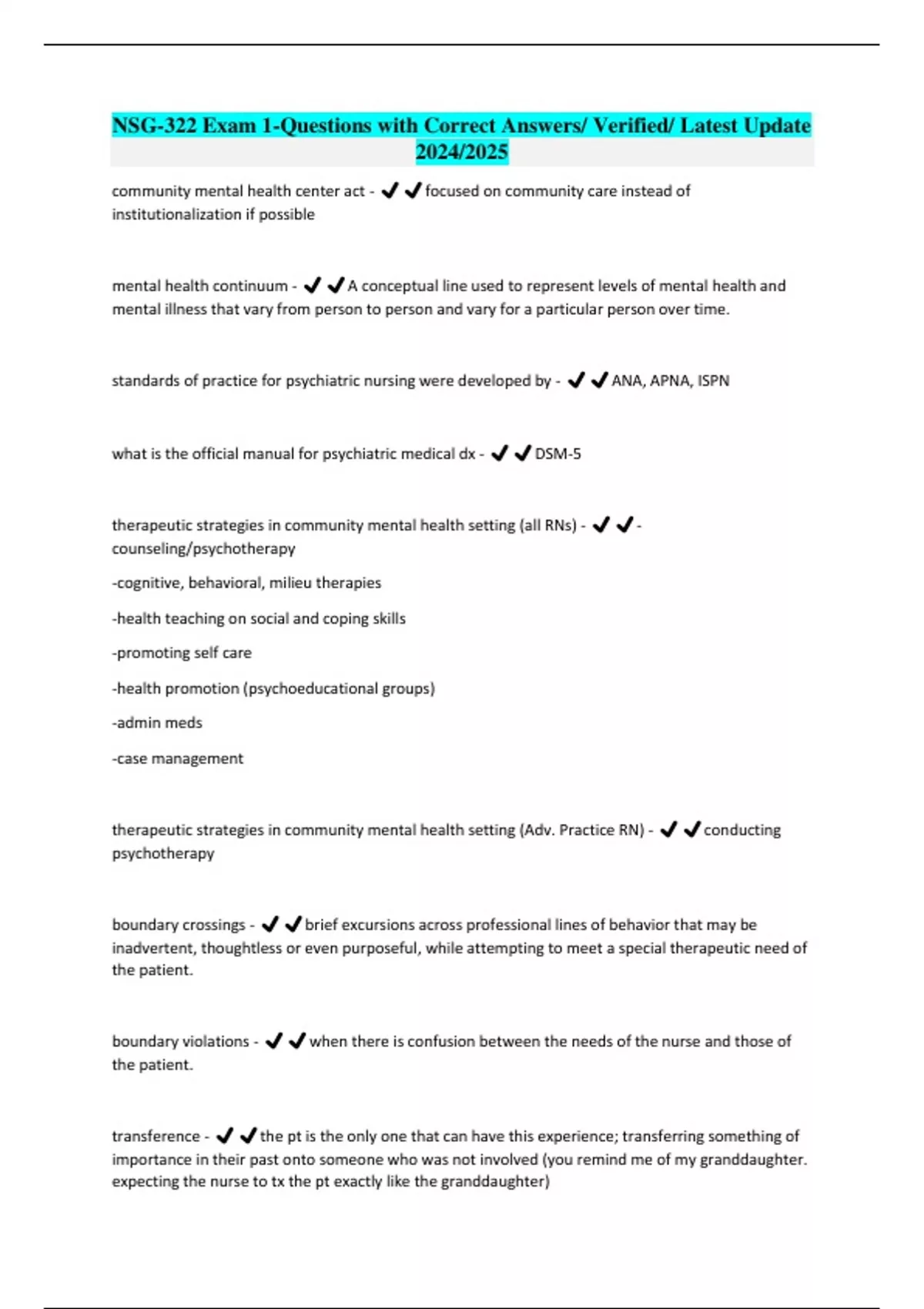 NSG-322 Exam 1-Questions with Correct Answers/ Verified/ Latest Update ...