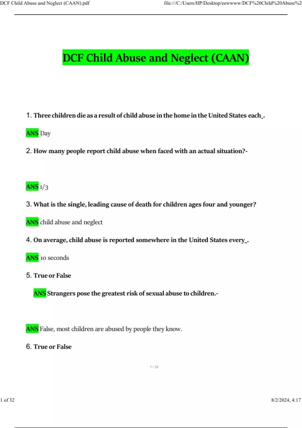 DCF Child Abuse and Neglect (CAAN) Questions and Answers 2024 / 2025 ...