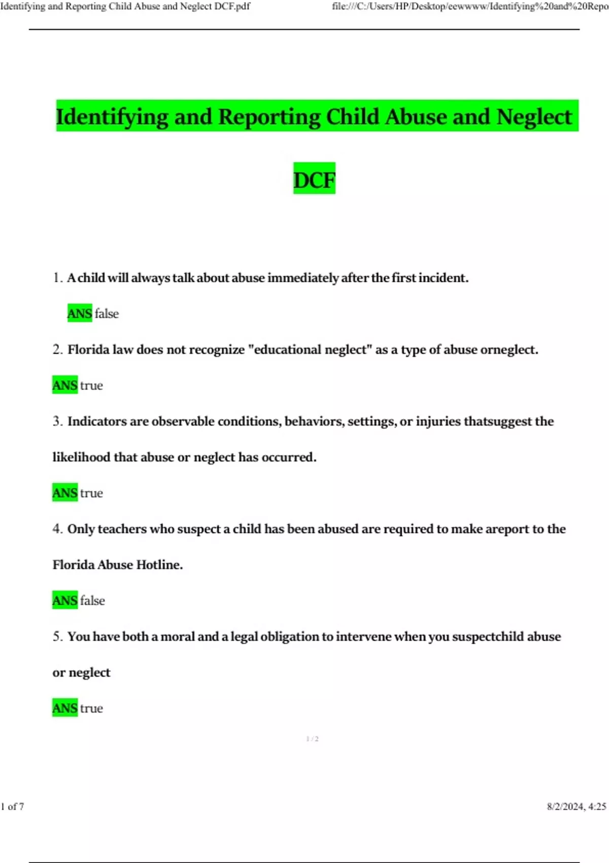 Identifying and Reporting Child Abuse and Neglect DCF Questions and Answers 2024 / 2025 ...