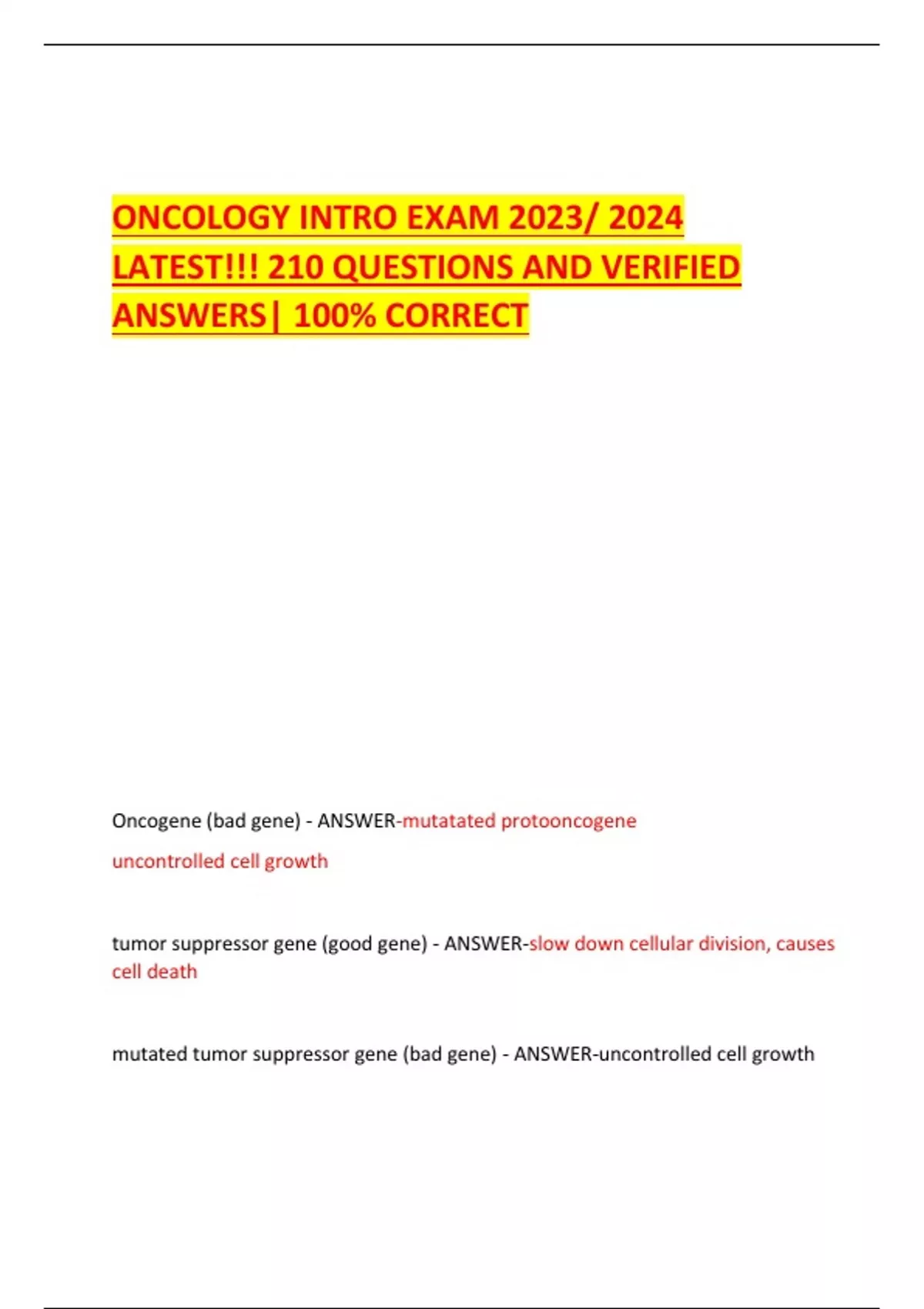 ONCOLOGY INTRO EXAM 2023/ 2024 LATEST!!! 210 QUESTIONS AND VERIFIED ...