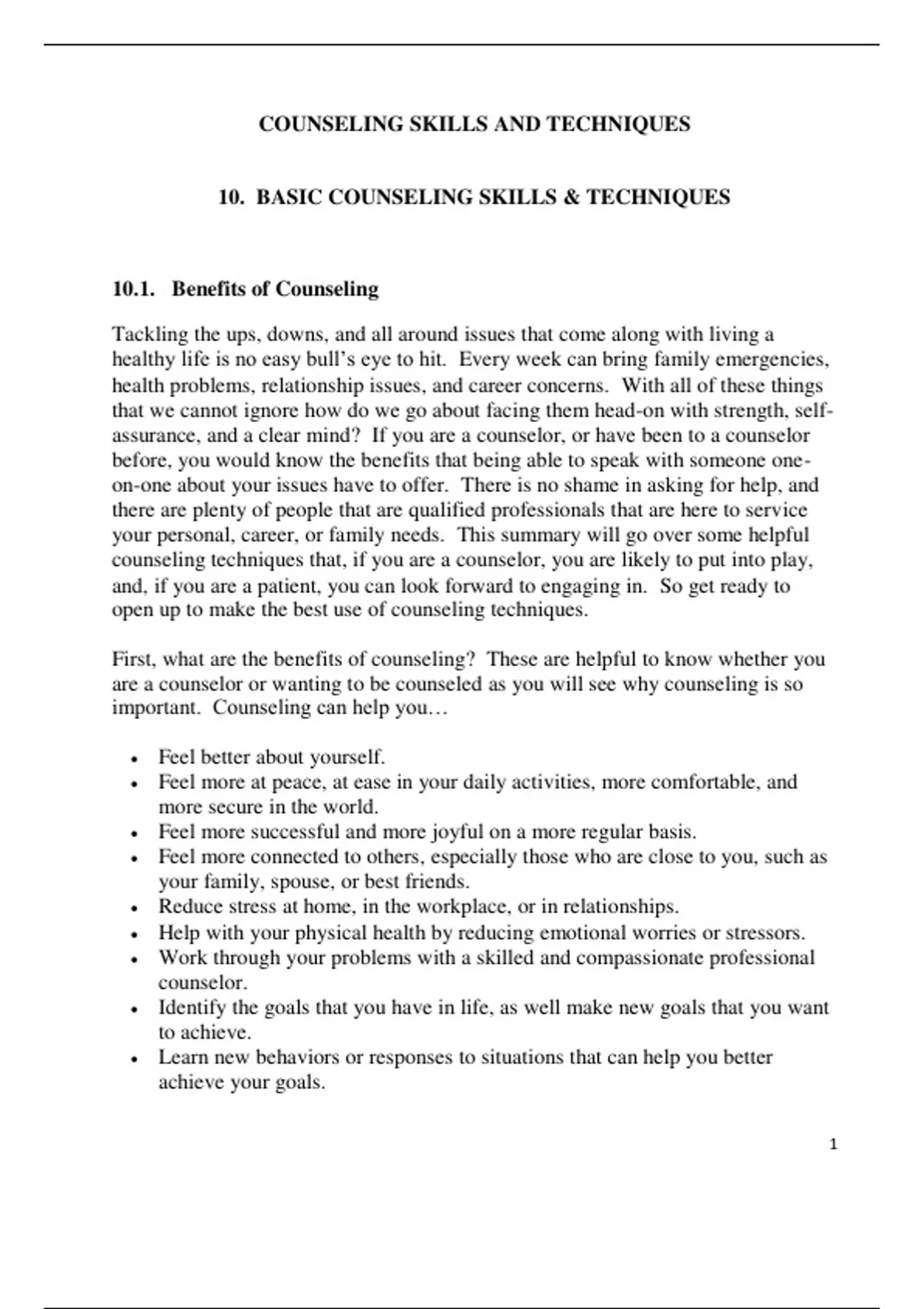 COUNSELING SKILLS AND TECHNIQUES 10. BASIC COUNSELING SKILLS ...
