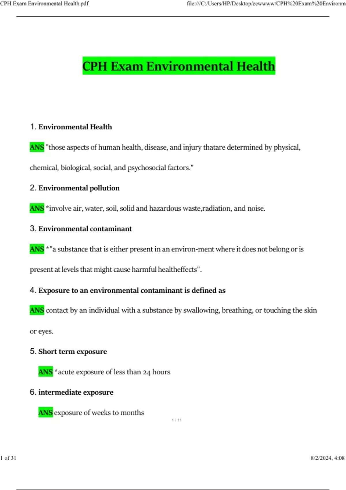 CPH Exam Environmental Health 2024 Complete 100% Correct Questions and ...