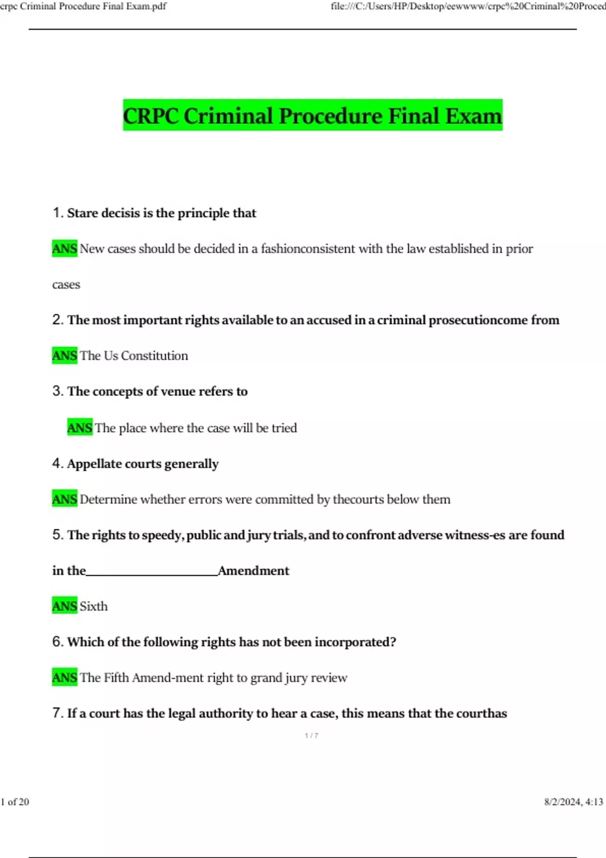 CRPC Criminal Procedure Final ACTUAL 2024 Exam With 100% Correct Questions and Answers 2024 / ...