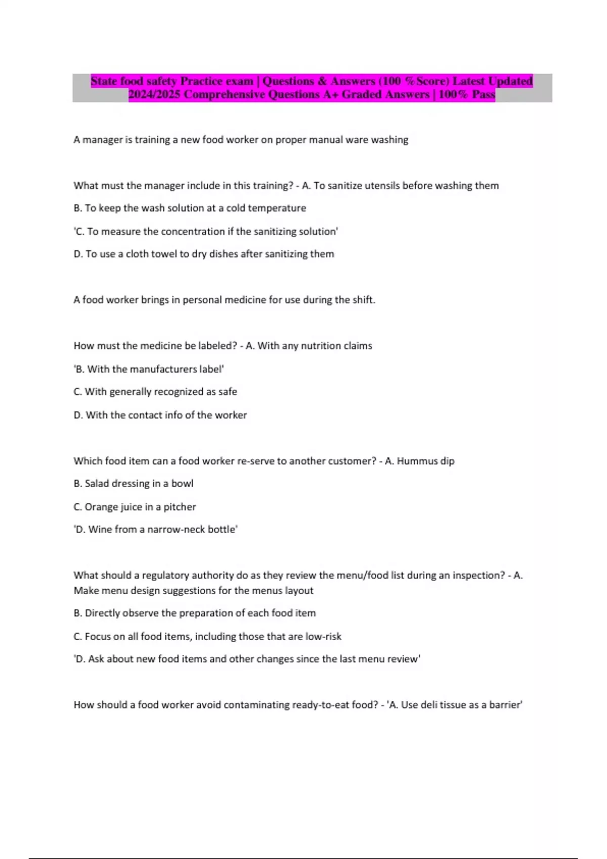 State Food Safety Practice Exam Questions And Answers 100 Score Latest Updated 2024 2025