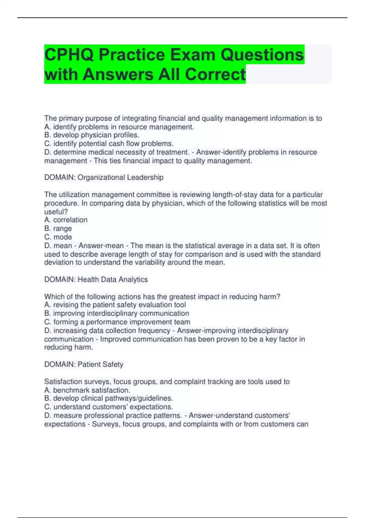 CPHQ Practice Exam Questions with Answers All Correct - CPHQ - Stuvia US