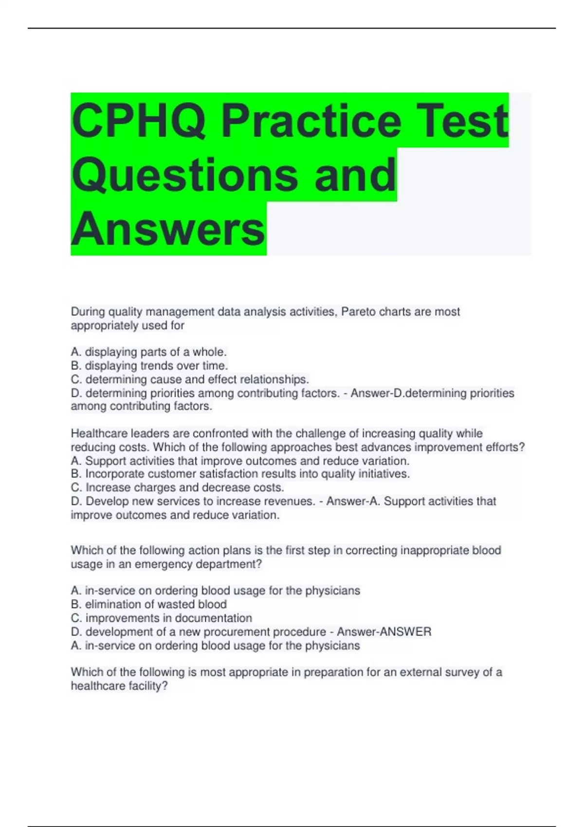 CPHQ Practice Test Questions and Answers - CPHQ - Stuvia US
