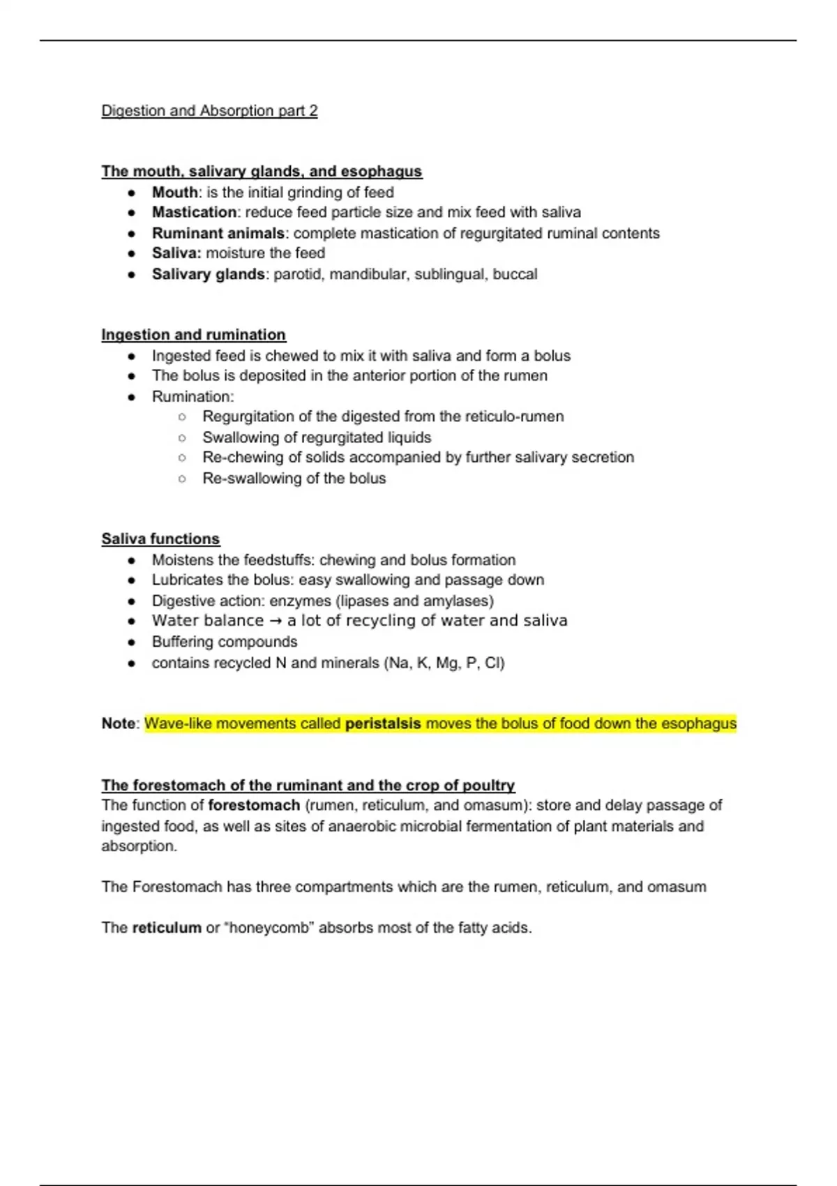 Class notes on the process of the digestion and absorption of nutrition ...