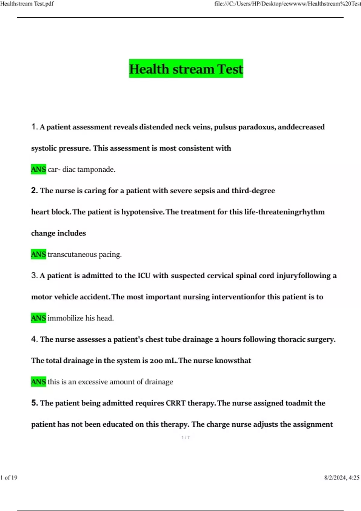 Healthstream Test Exam Questions With 100% Correct Answers Graded A+ ...