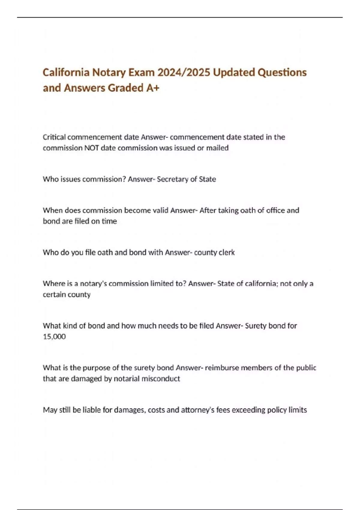 California Notary Exam 2024/2025 Updated Questions and Answers Graded ...