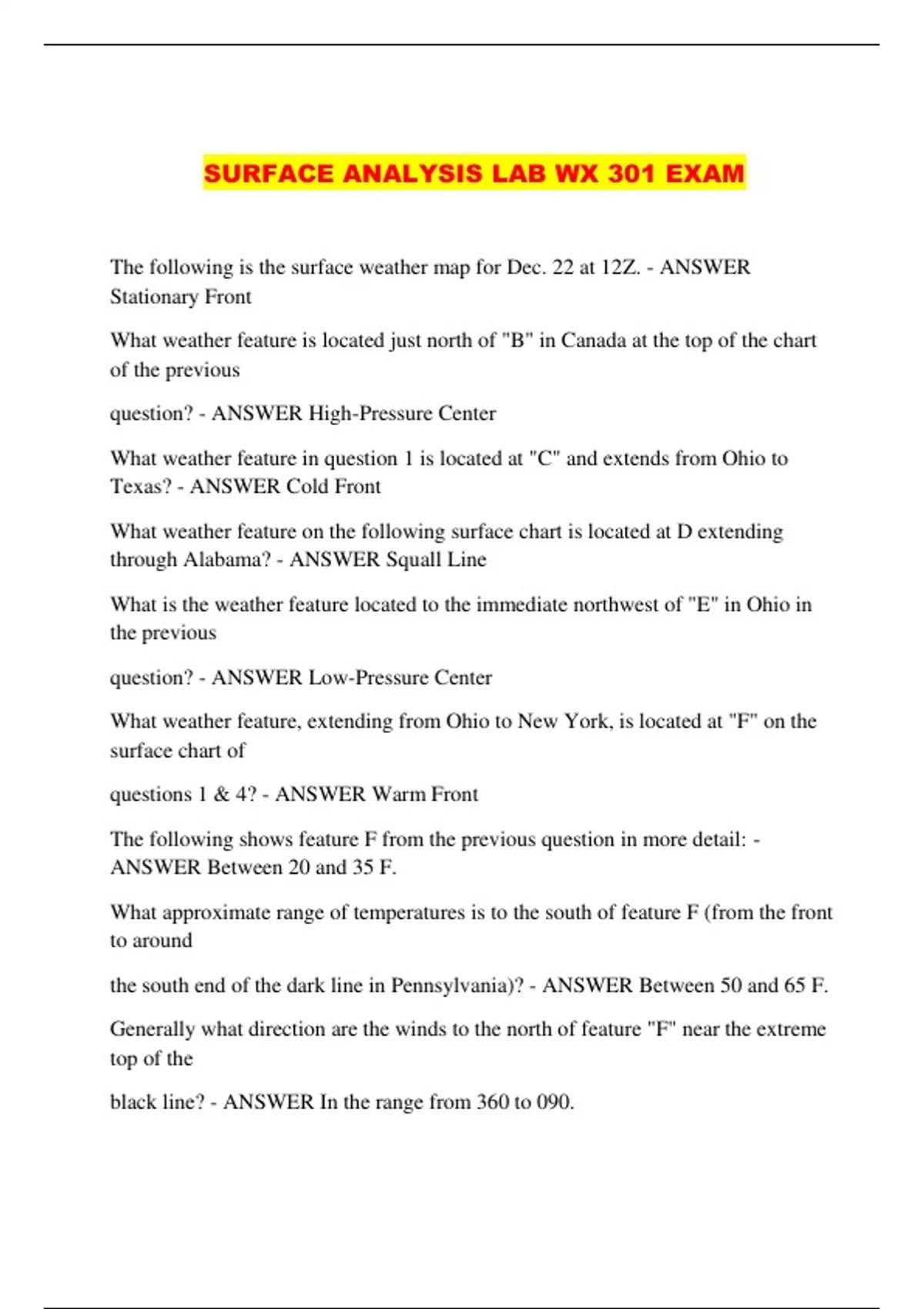 SURFACE ANALYSIS LAB WX 301 EXAM - SURFACE ANALYSIS LAB WX 301 - Stuvia US