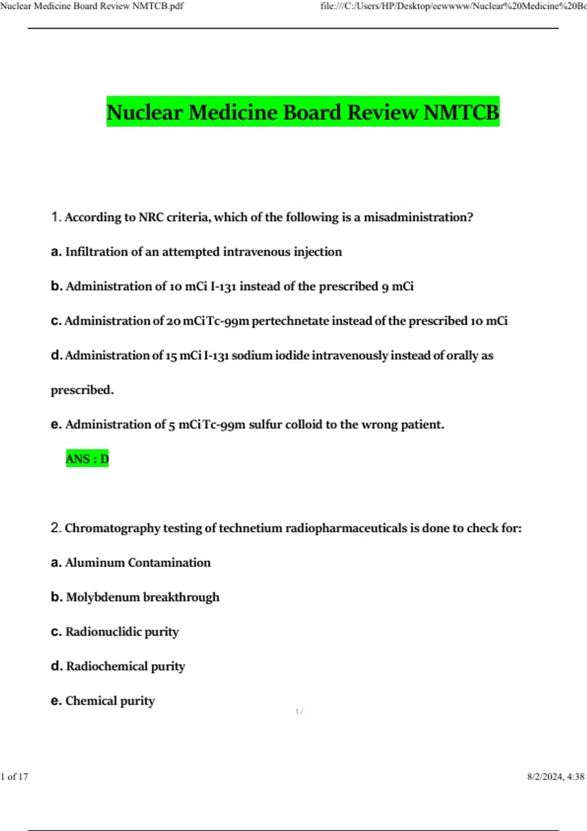 Nuclear Medicine Board Review NMTCB Questions and Answers 2024 / 2025 ...