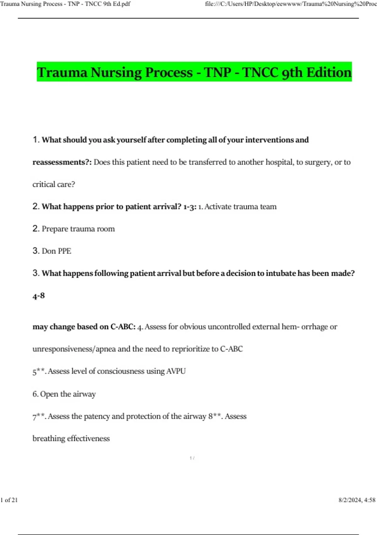 Trauma Nursing Process - TNP - TNCC 9th Edition Questions and Answers ...