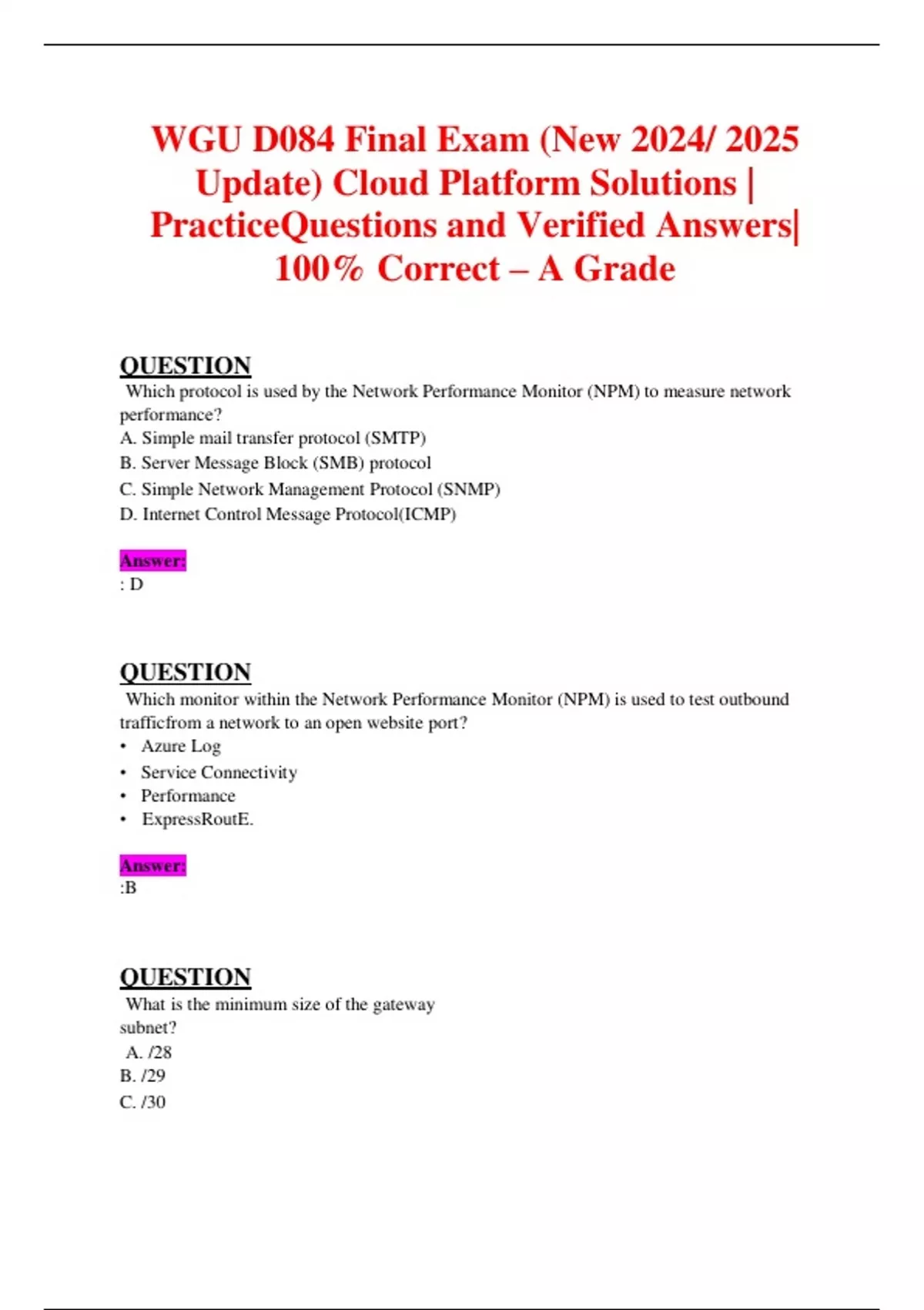 WGU D084 Final Exam (New 2024/ 2025 Update) Cloud Platform Solutions ...