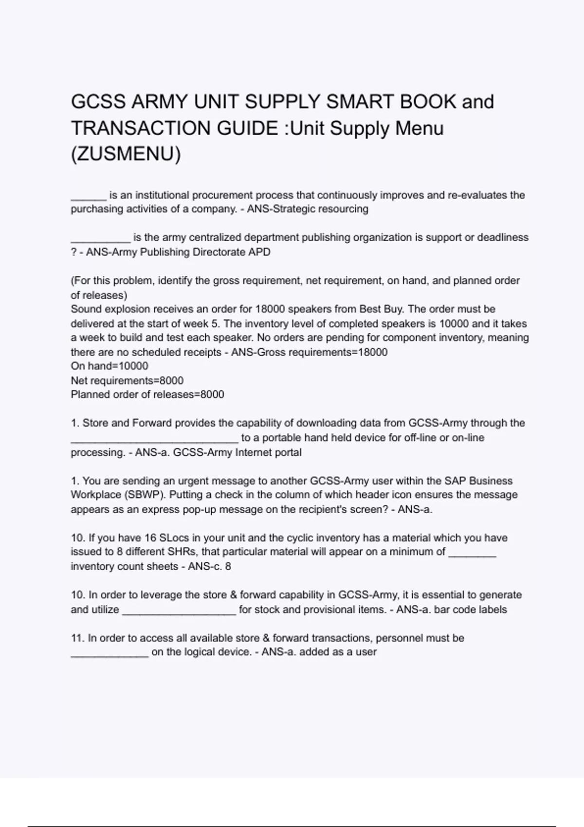 GCSS ARMY UNIT SUPPLY SMART BOOK and TRANSACTION GUIDE :Unit Supply ...
