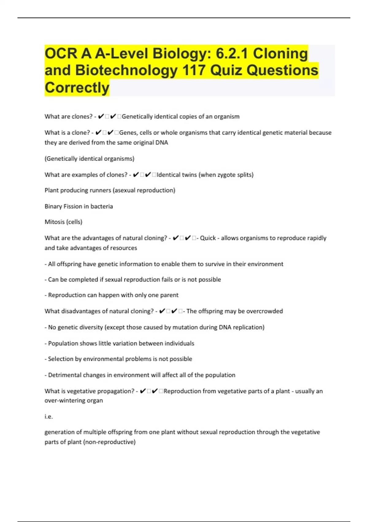 OCR A A-Level Biology: 6.2.1 Cloning and Biotechnology 117 Quiz ...