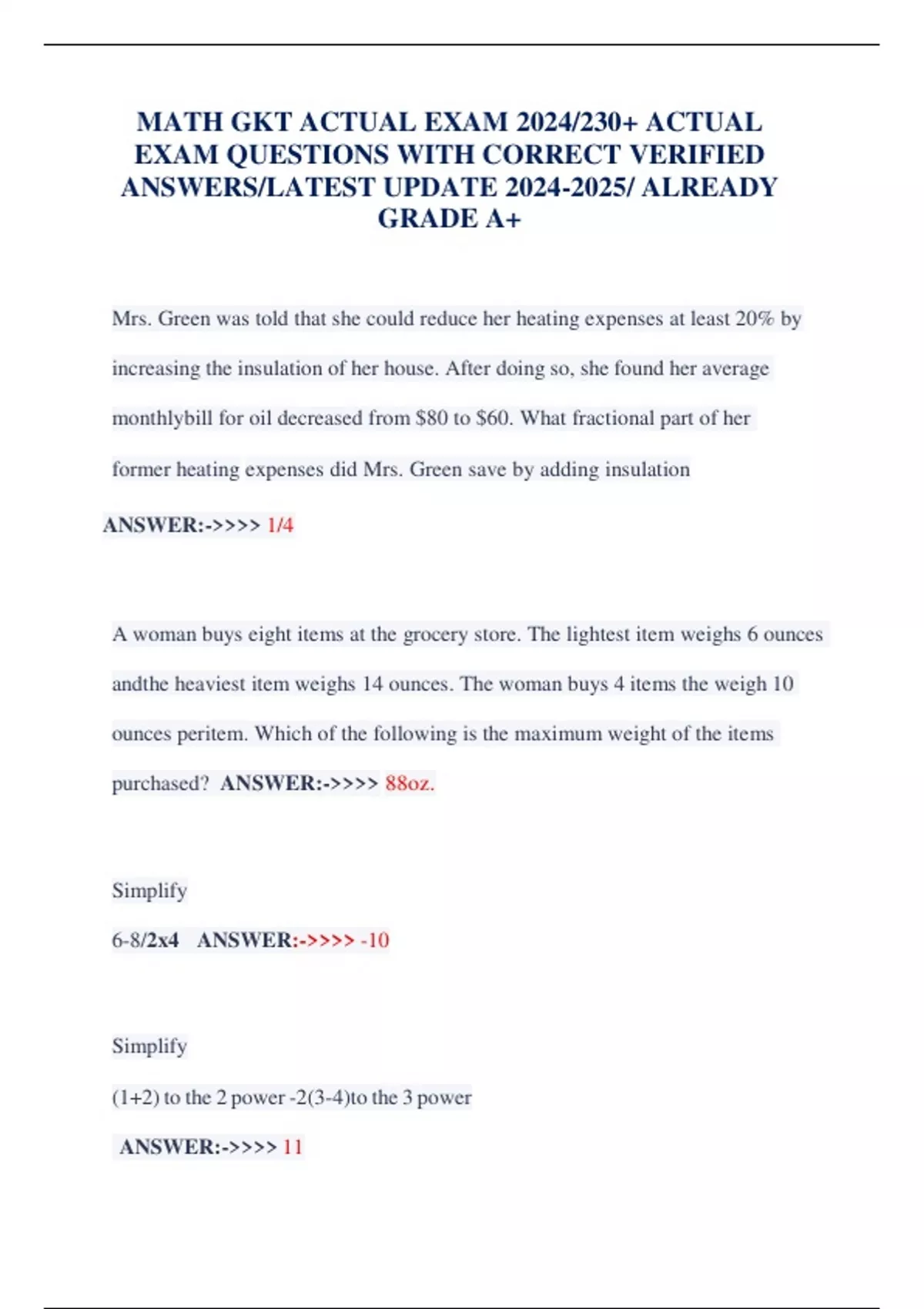 MATH GKT ACTUAL EXAM 2024/230+ ACTUAL EXAM QUESTIONS WITH CORRECT ...