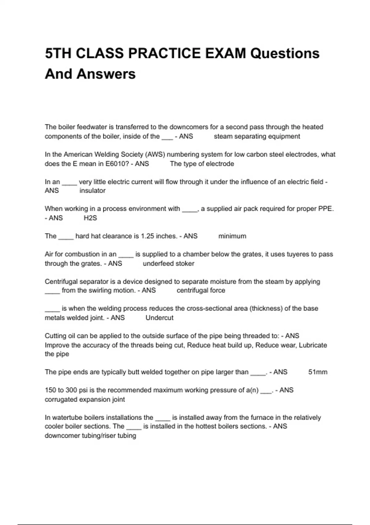 5TH CLASS PRACTICE EXAM Questions And Answers - Power Engineering ...