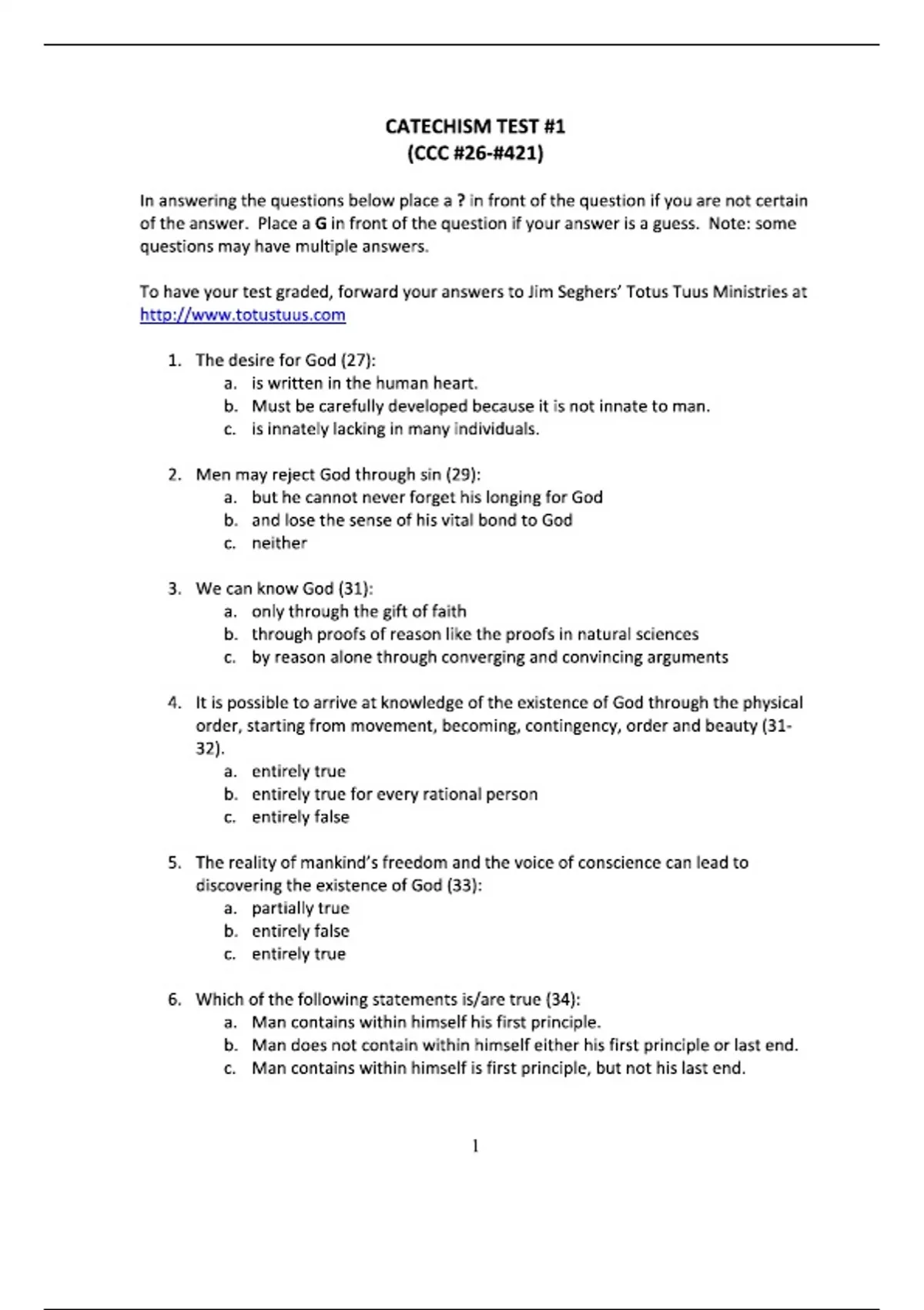 CATECHISM TEST -1 (CCC -26--421) Questions and Correct Answers ...