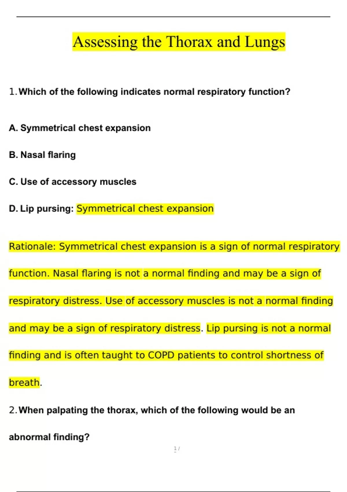 Assessing the Thorax and Lungs Questions and Answers (2024 / 2025 ...