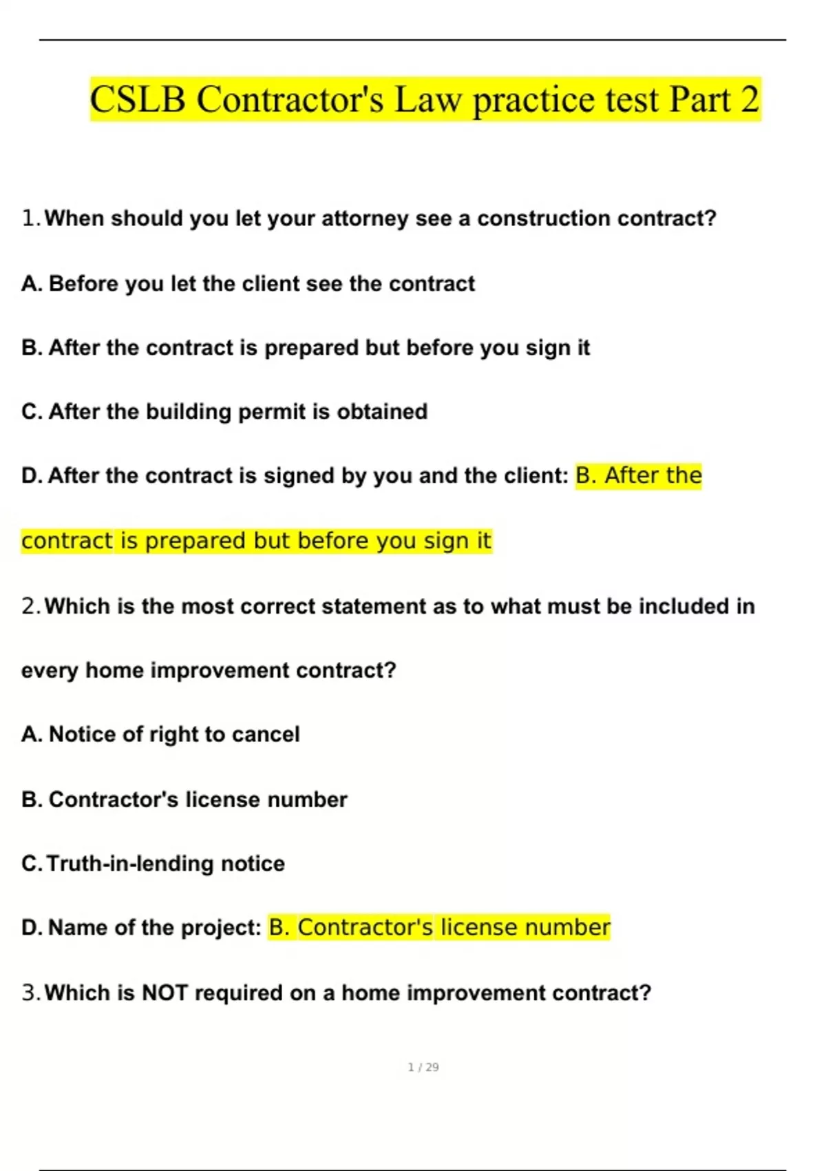 CSLB Contractor-s Law practice test Part 2 Questions and Answers (2024 ...